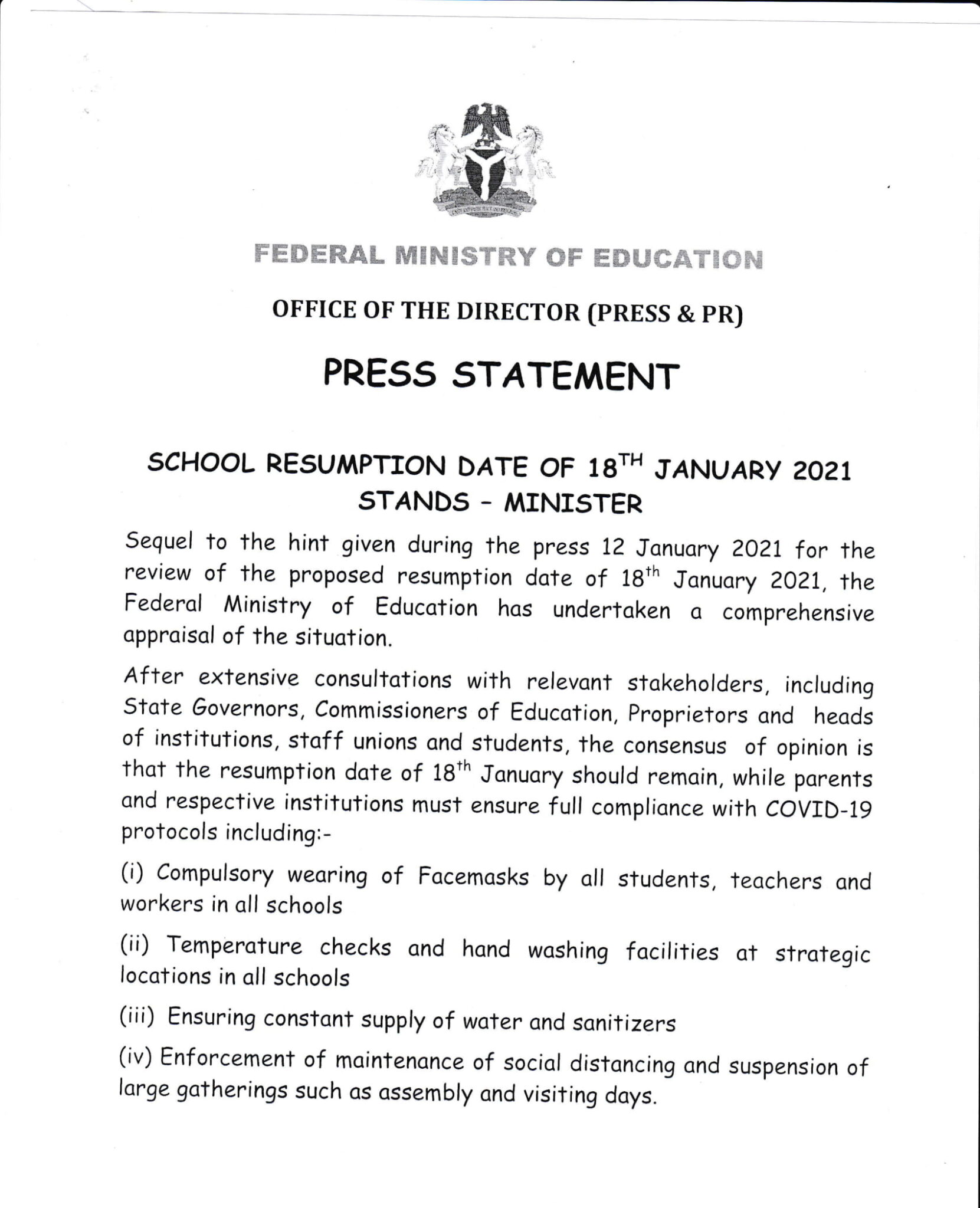 FG and States finally agree on date for School resumption - Expressive Info